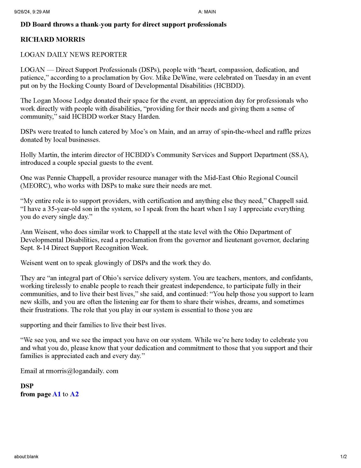 DSP Appreciation Event - Hocking County Board of Developmental Disabilities